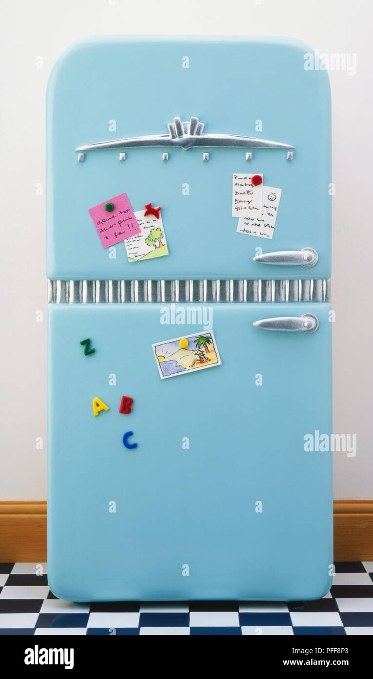 A blue fridge, notes and fridge magnets Stock Photo - Alamy