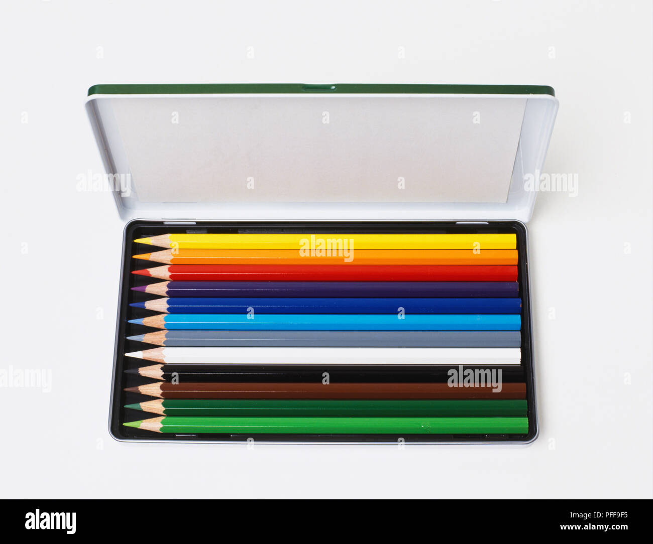 Pencil box with coloured pencils in Stock Photo - Alamy