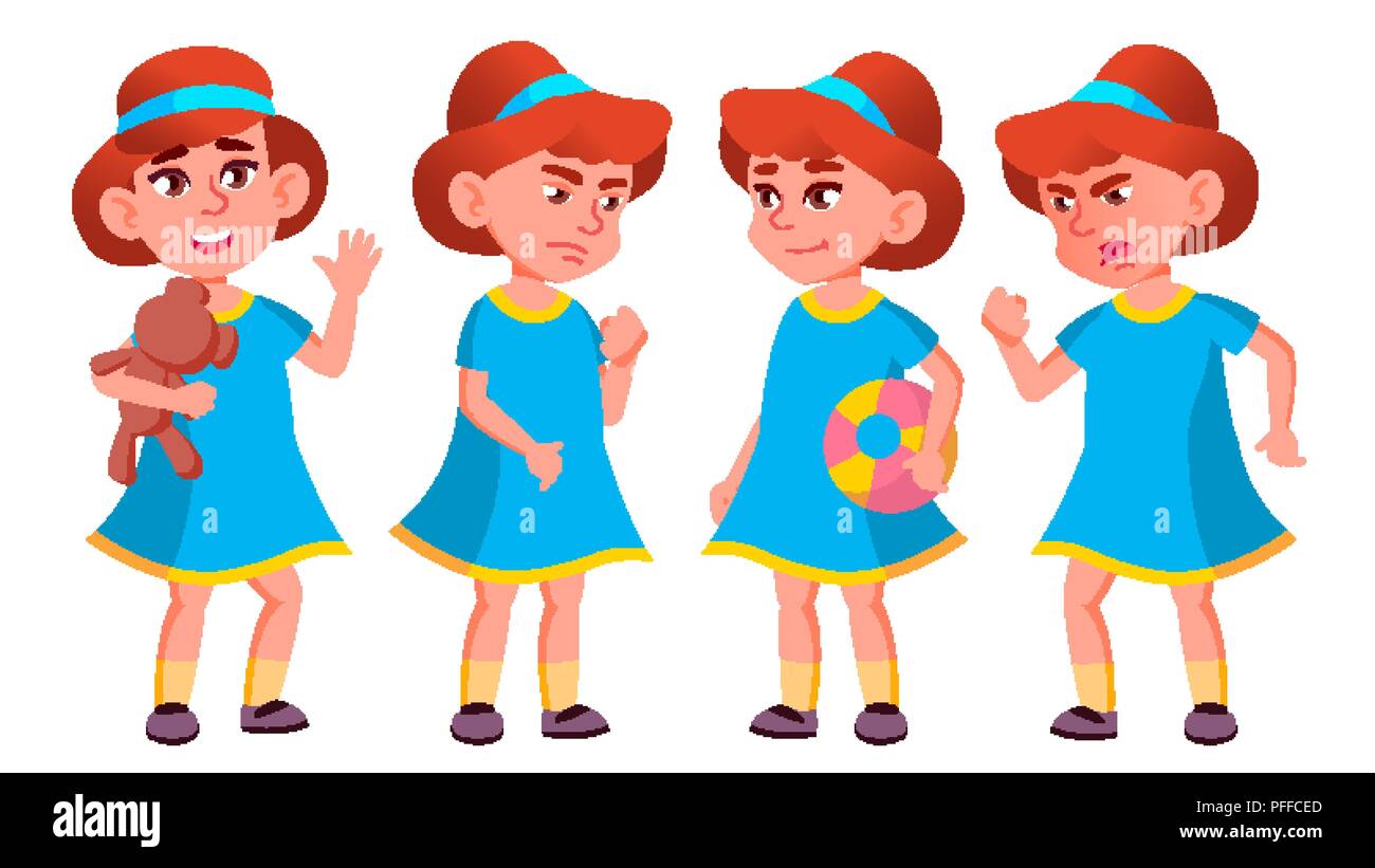 Girl Kindergarten Kid Poses Set Vector. Kiddy, Child Expression. Junior ...