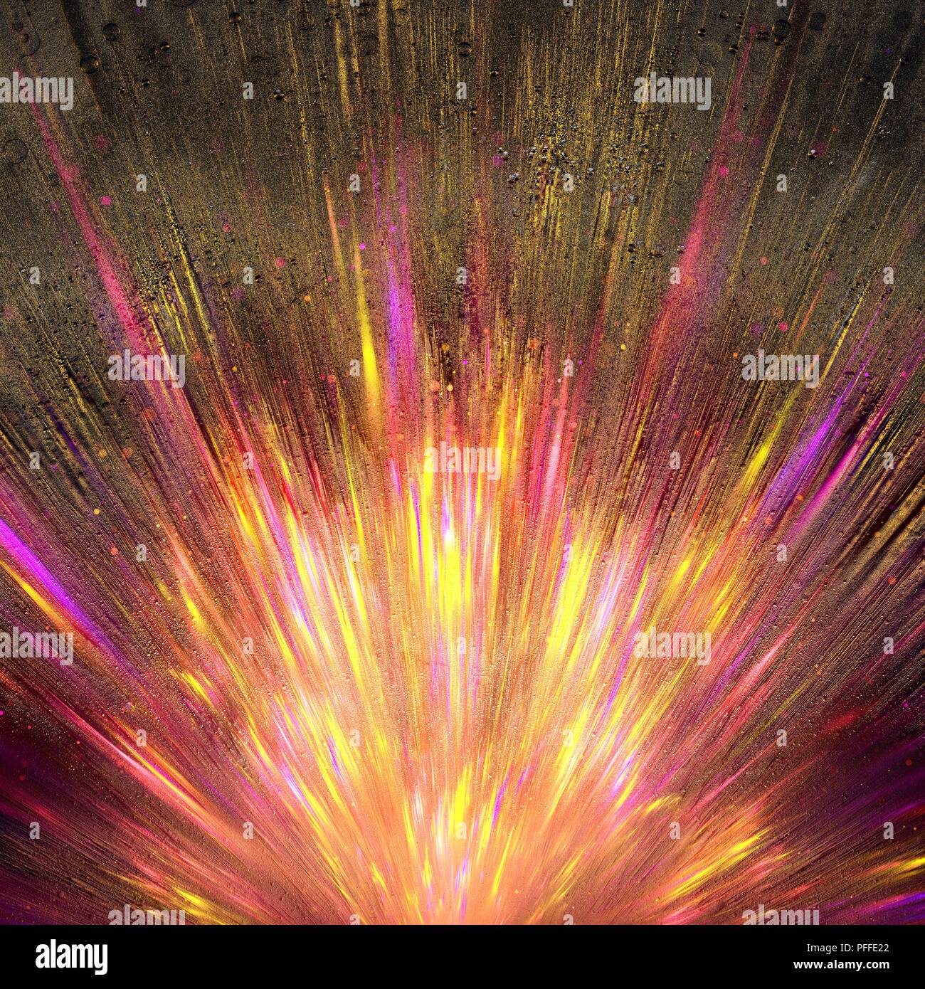 Abstract art composition of vivid explosion on a golden striped surface ...