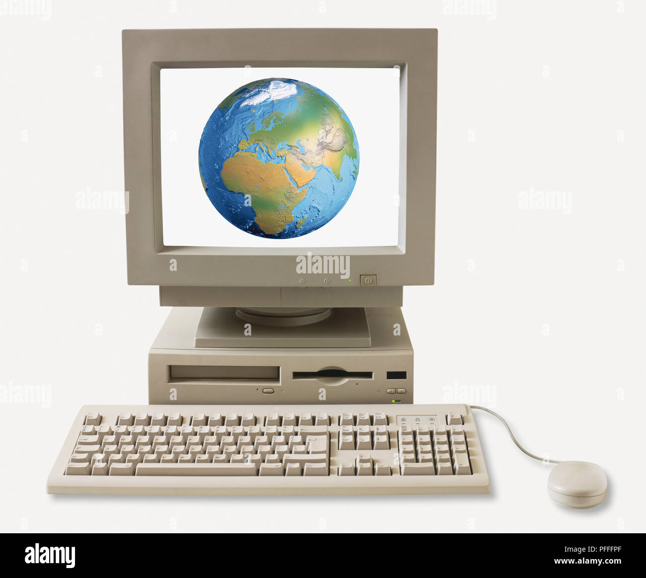 Computer keyboard, processor, monitor and mouse, with monitor showing ...