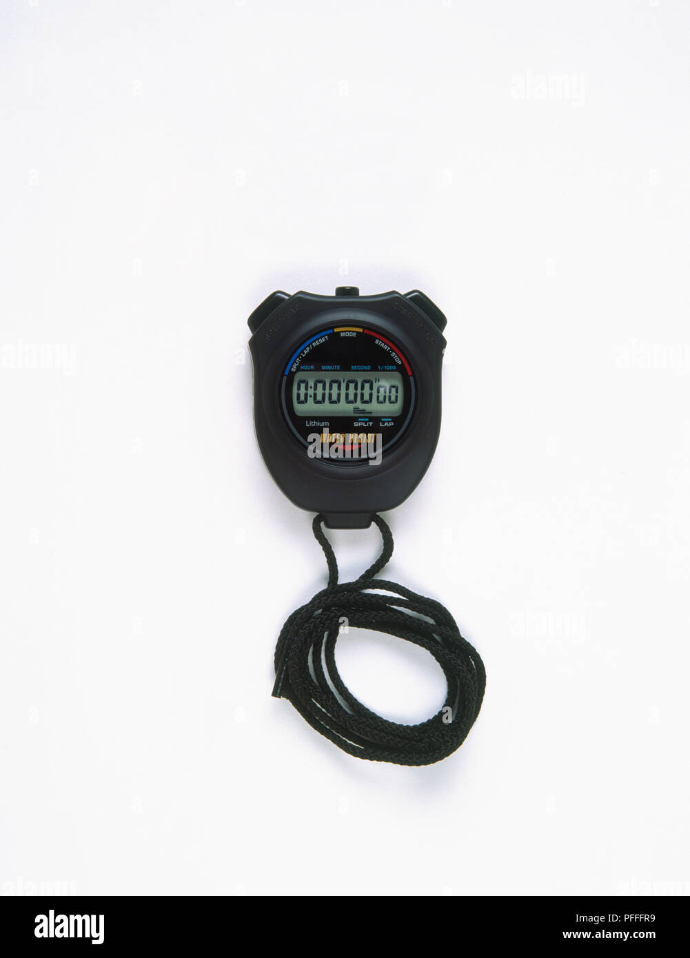 Black plastic stopwatch with liquid-crystal display and carrying cord ...