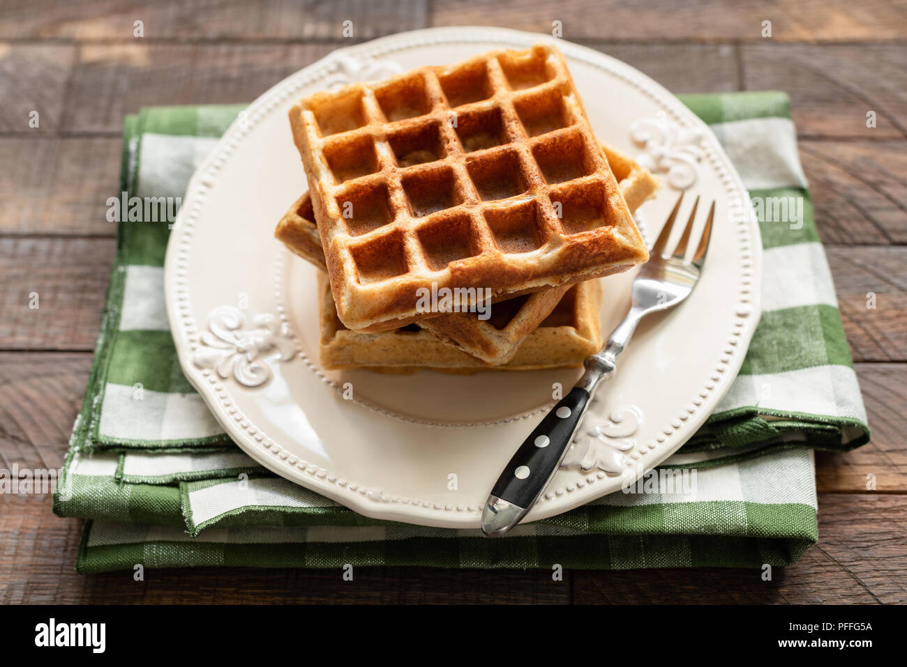 Homemade belgian waffles on plate. Closeup view. Rustic style Stock ...