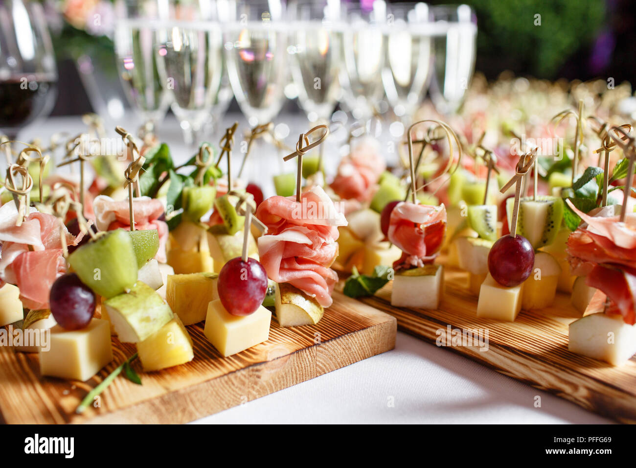 solemn happy new year banquet. Lot of glasses champagne or wine on the ...