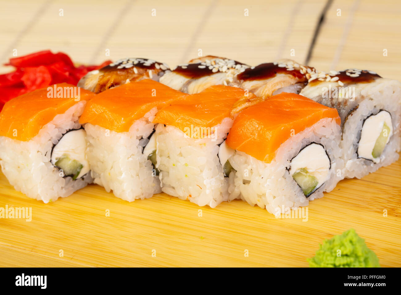 Delicious Philadelphia sushi mix with wasabi Stock Photo - Alamy