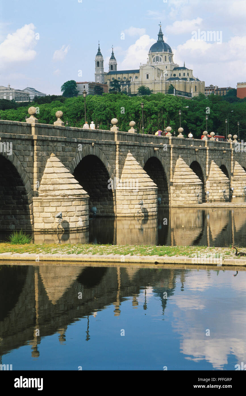 Spain, Madrid, Puente de Segovia, buttressed arches over the Rio ...