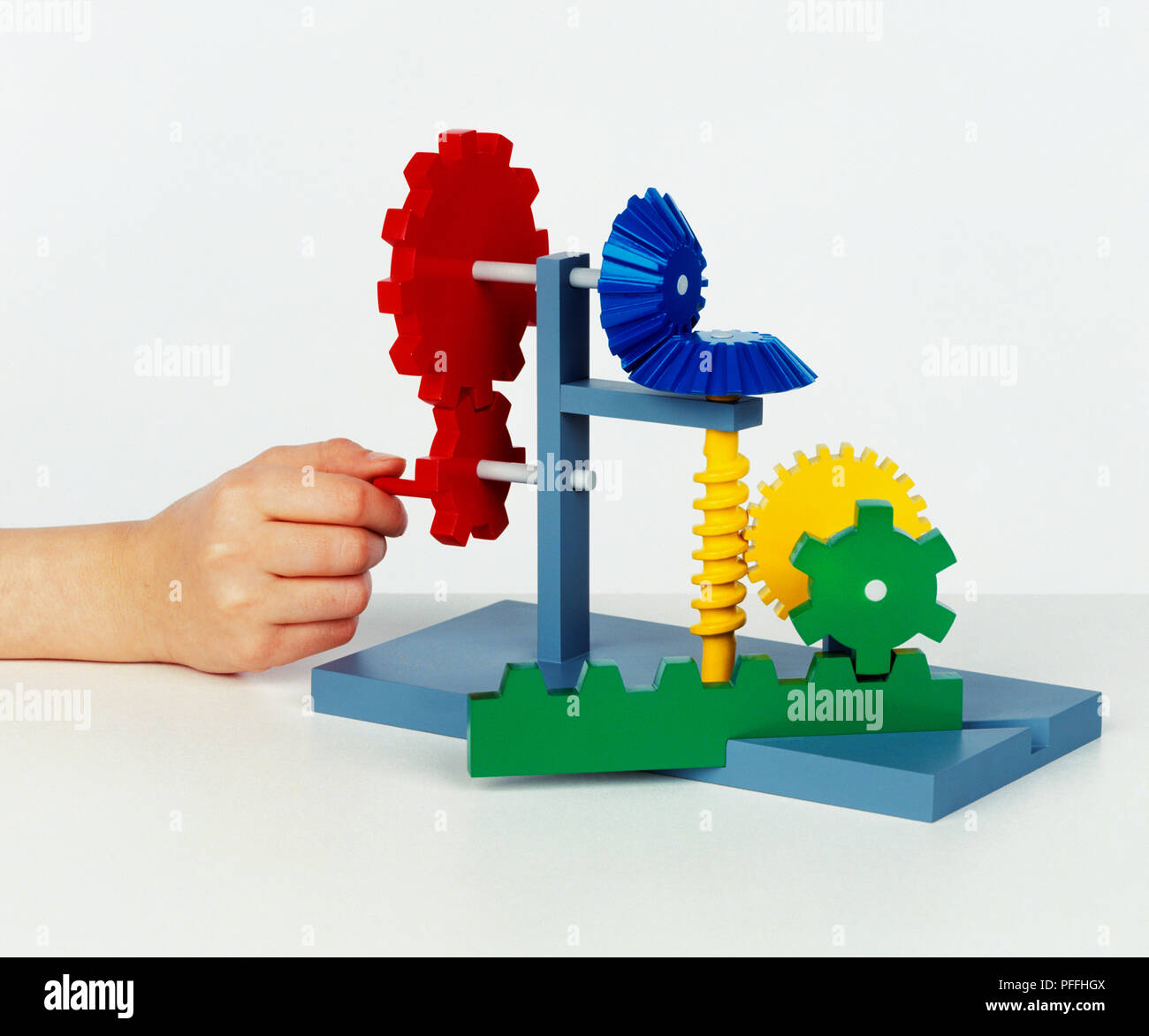 Hand turning first gear at slow speed due to force created by series of ...