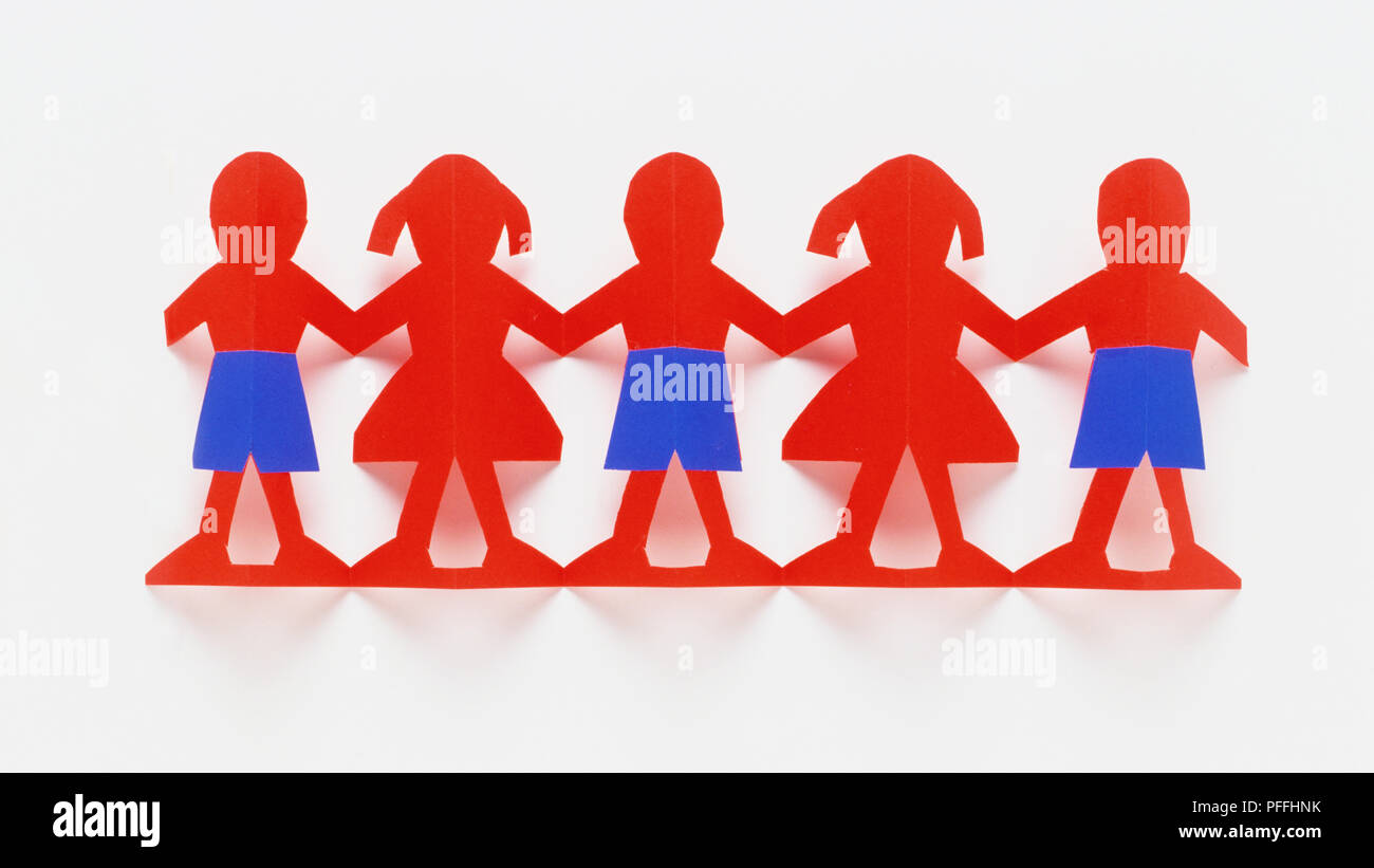 Red and blue paper chain, boys and girls holding hands Stock Photo - Alamy
