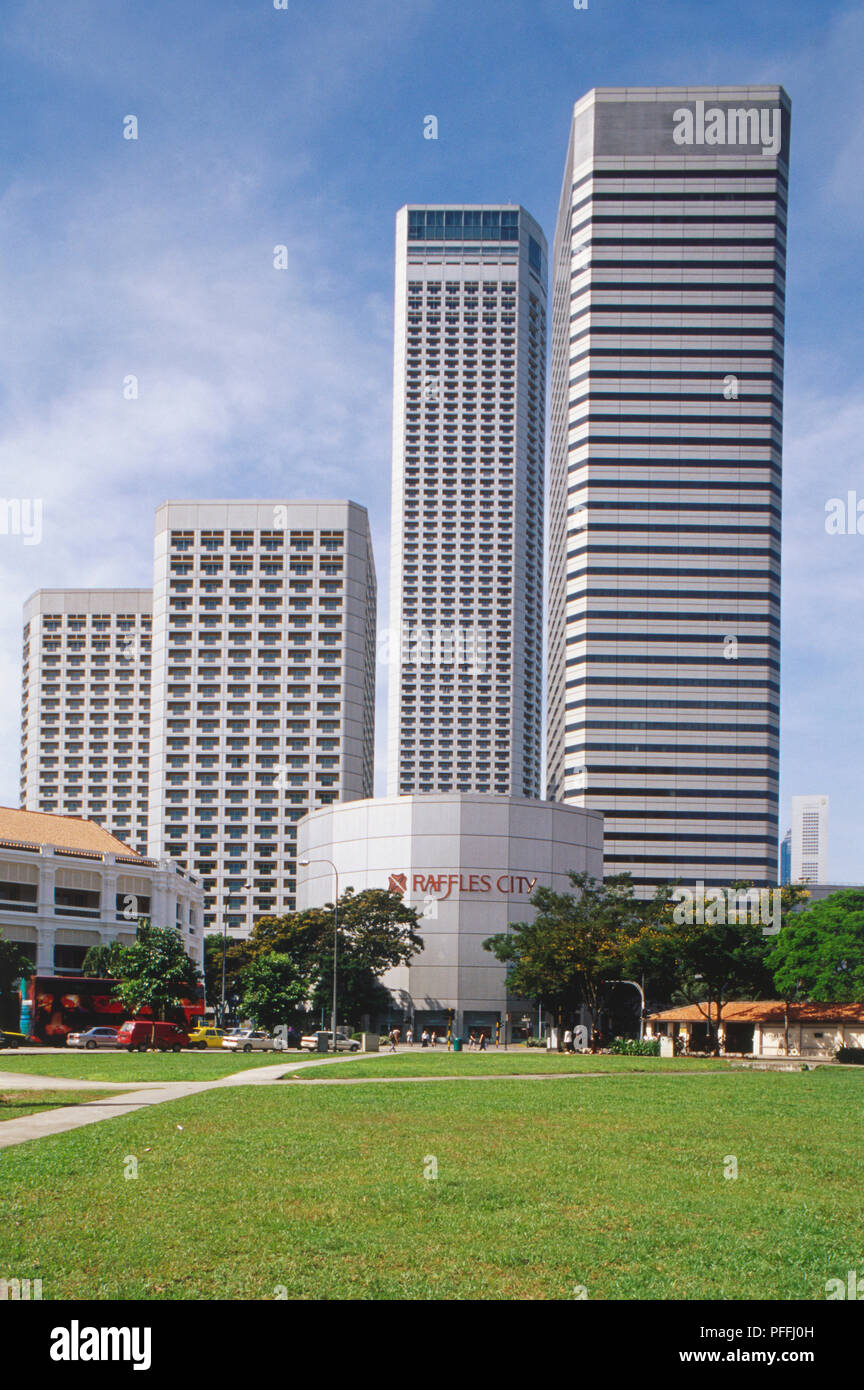 Singapore, Colonial Core, Raffles City Complex, tall silver blocks of ...
