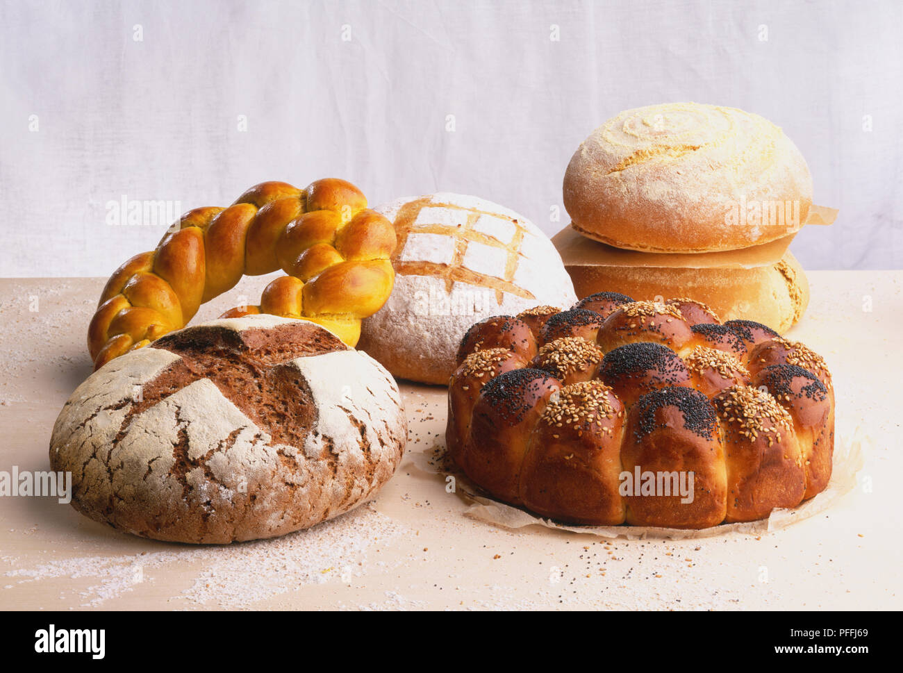 A selection of European breads including Pulla; Landbrot; Hungarian ...