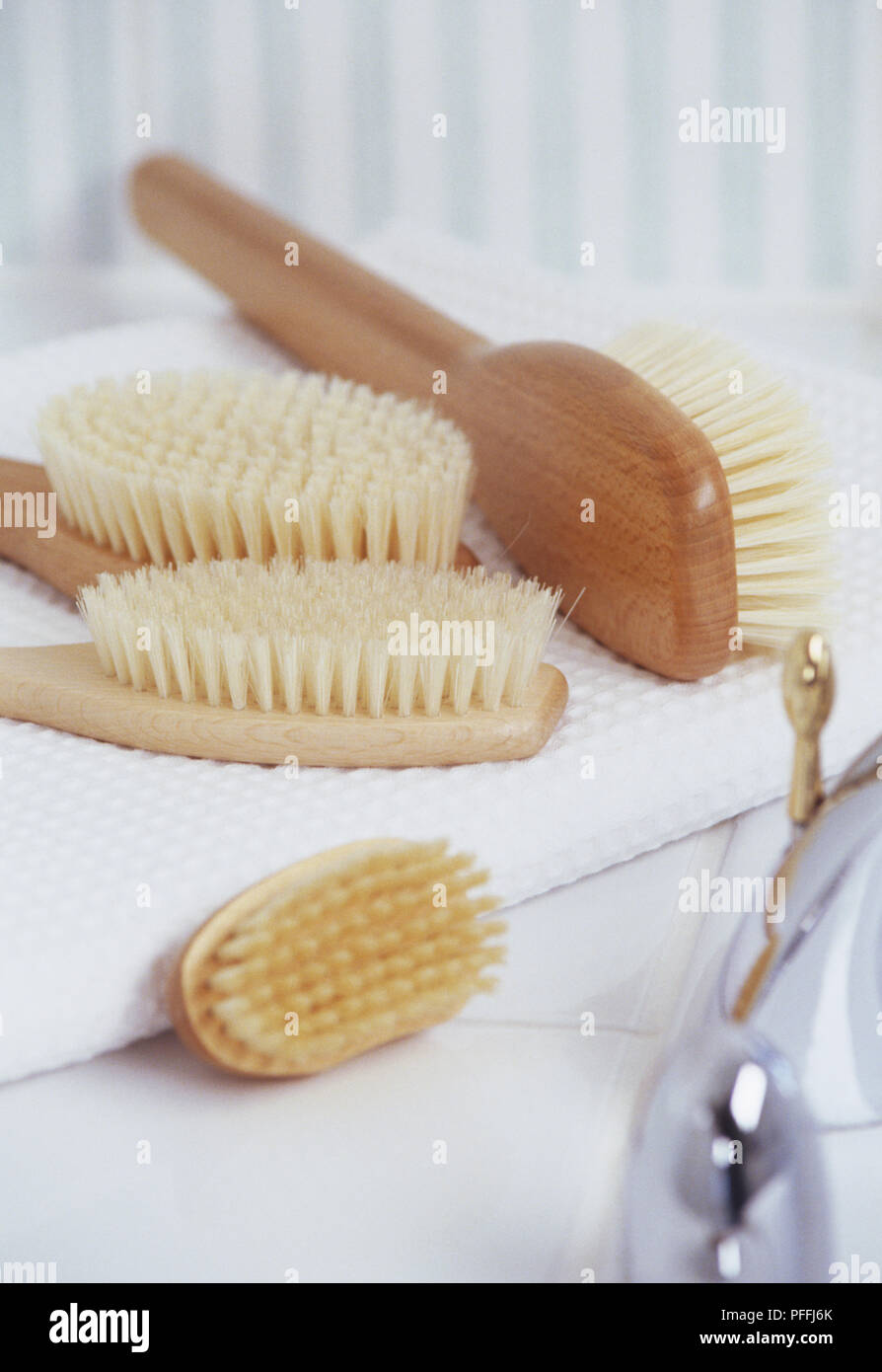 Selection of natural bristle brushes, side view Stock Photo - Alamy