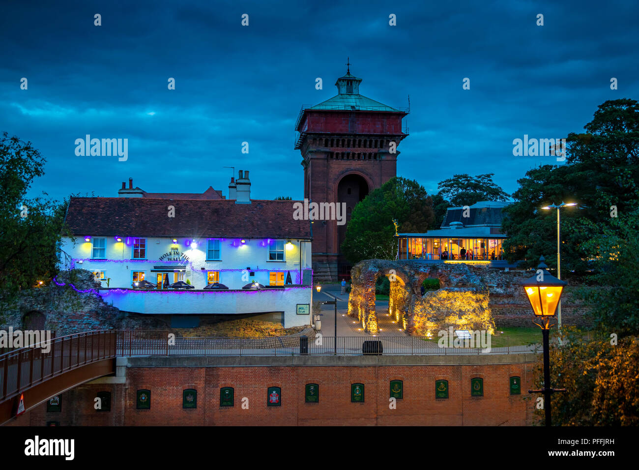 FLOODLIT BALKERNE GATE IN COLCHESTER, ESSEX, UK. SHOWING THE HOLE IN ...