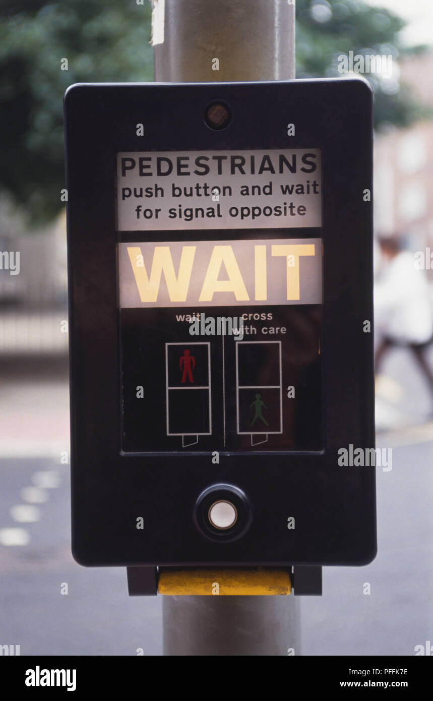 England, London, push-button control on a pedestrian crossing with a ...