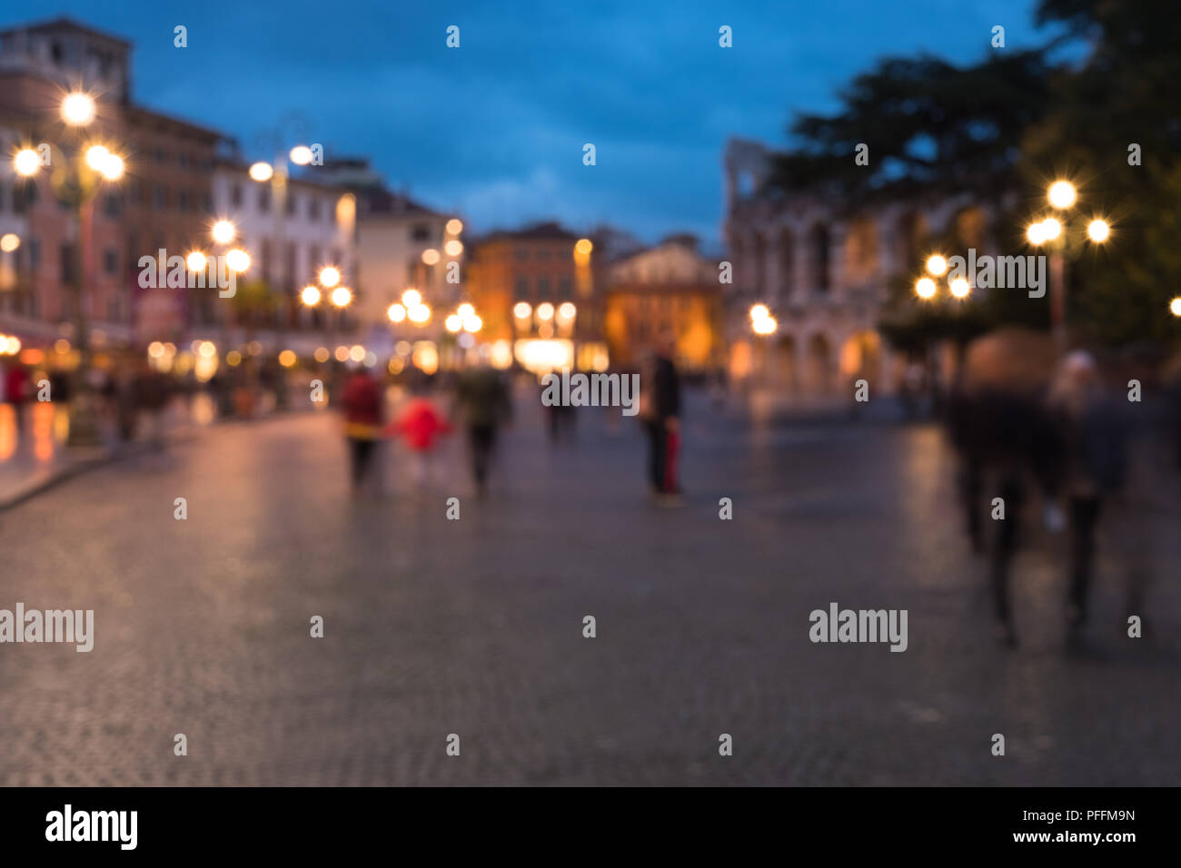 Old European night city lights blur background Stock Photo - Alamy