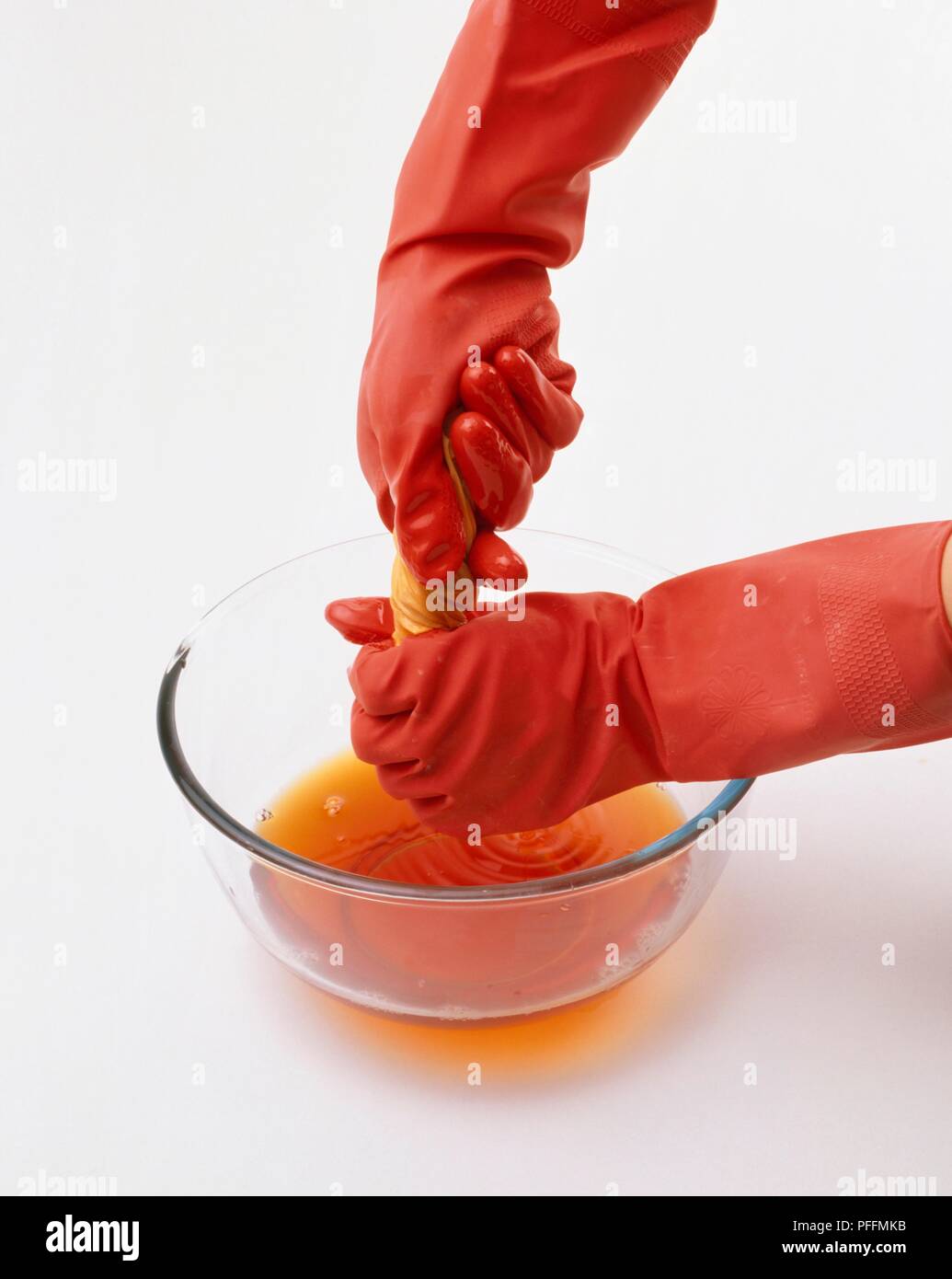 Hands squeezing out dyed handkerchief in bowl of onion skin dye ...