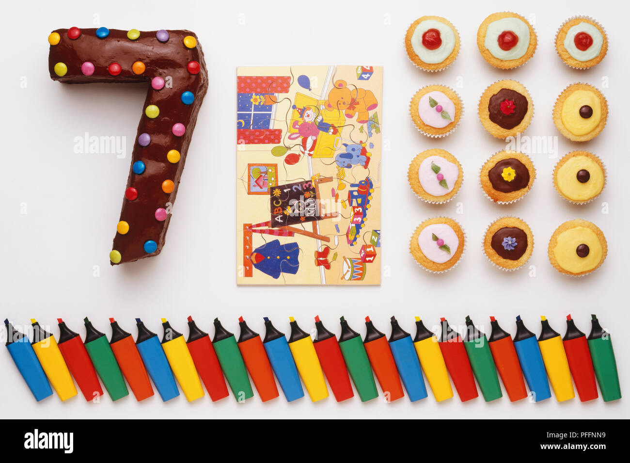 Chocolate cake shaped like the number seven, illustrated greeting card ...