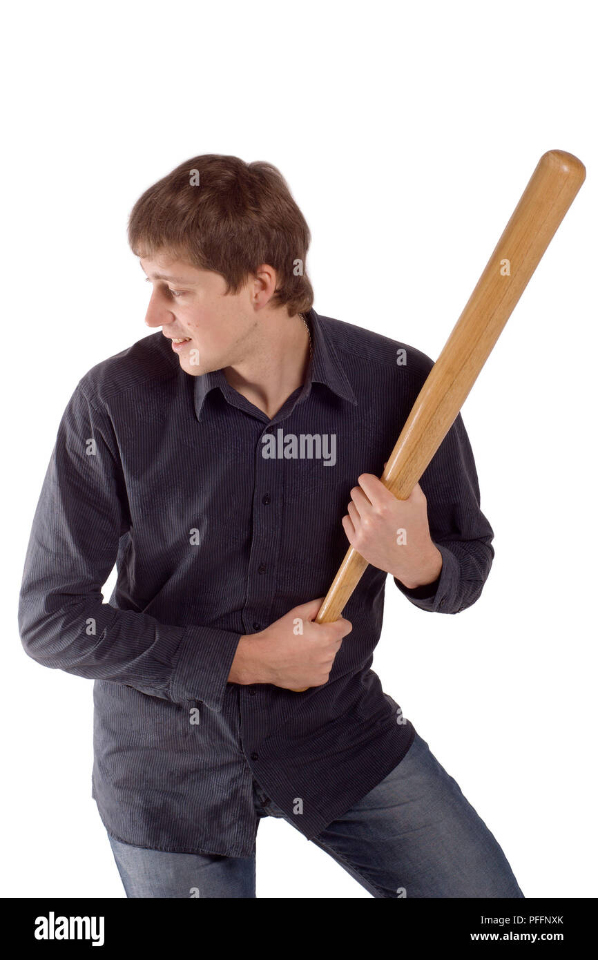 man with a bat isolated on a white background Stock Photo - Alamy