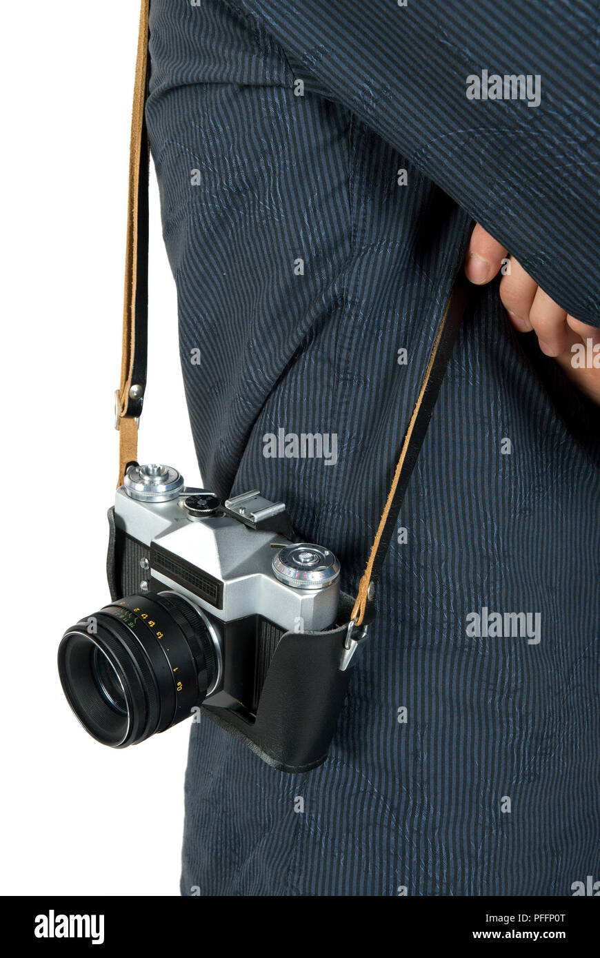 camera hanging on the shoulder of a man Stock Photo - Alamy