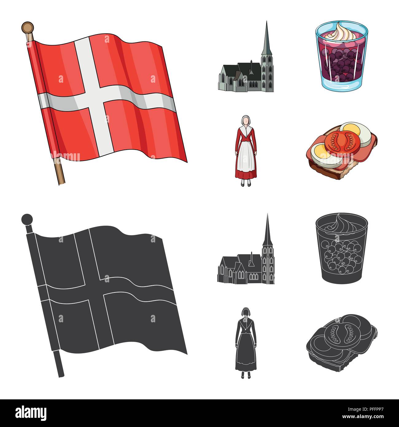 Flag, national, symbol, and other icon in cartoon,black style.Denmark ...