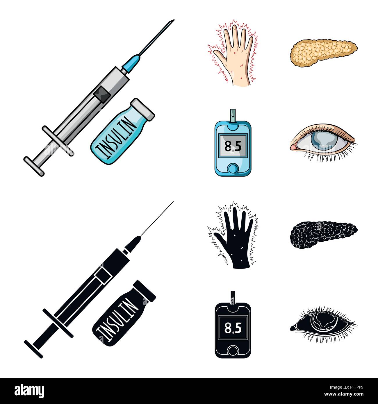 Syringe with insulin, pancreas, glucometer, hand diabetic. Diabet set ...
