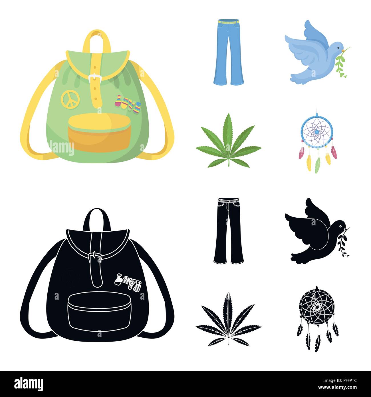 A cannabis leaf, a dove, jeans, a backpack.Hippy set collection icons ...