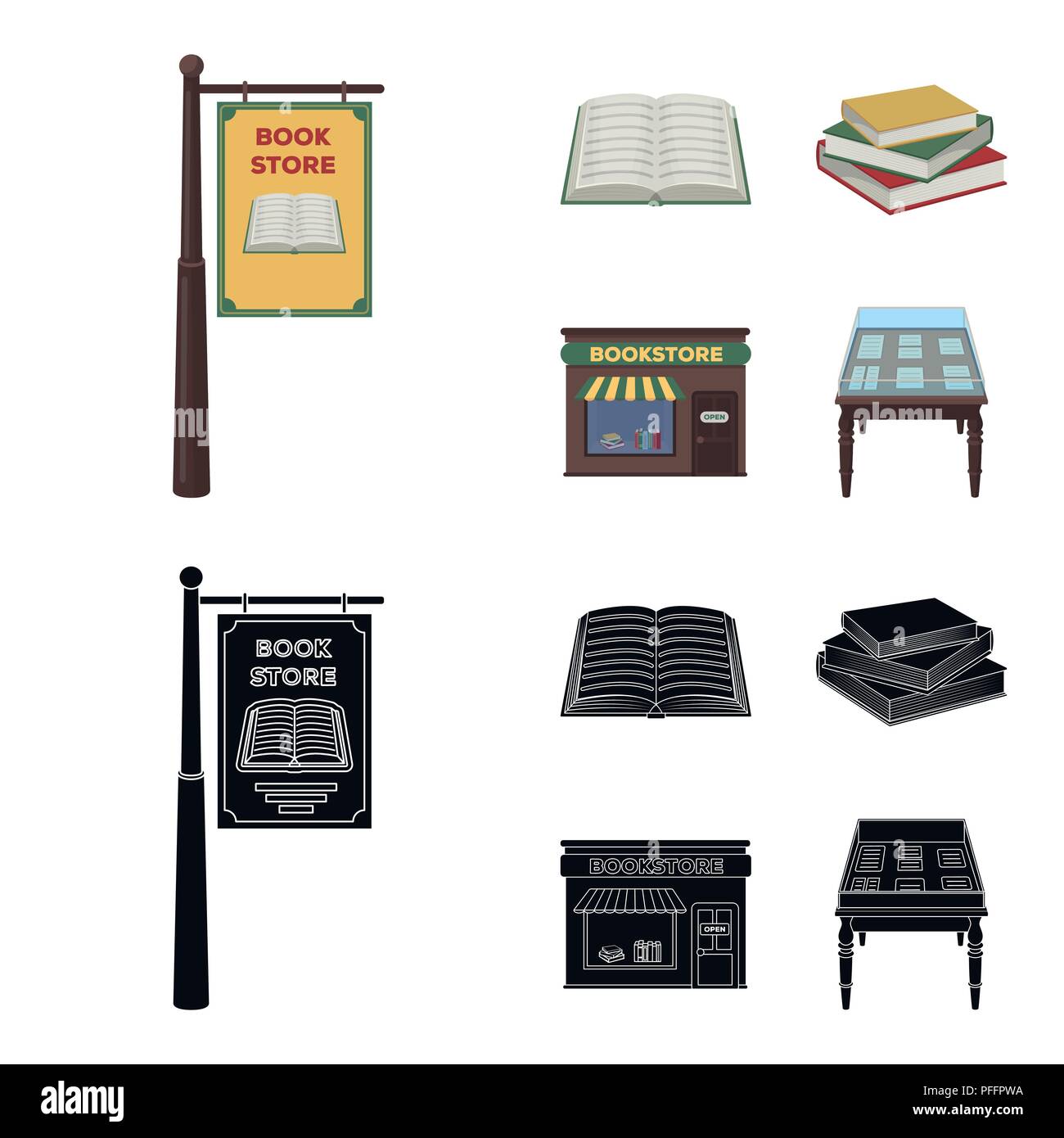 A signboard, a bookstore, a stack of books, an open book. A library and ...