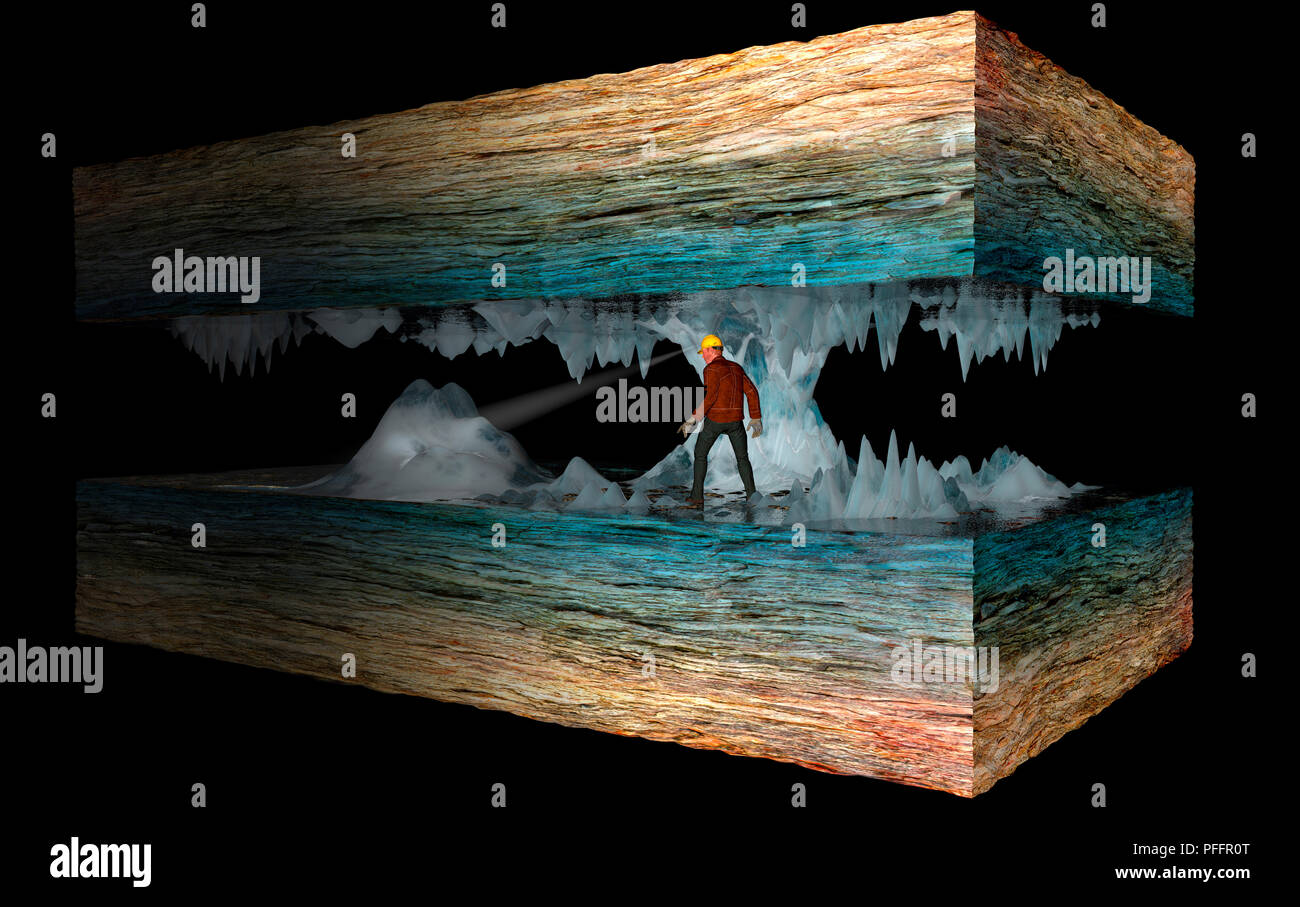 Reconstruction of a cave, three-dimensional cutaway. Speleologist ...