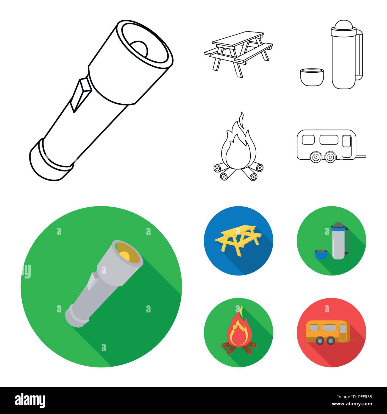 A flashlight, a table with a bench, a thermos with a cup, a caster ...