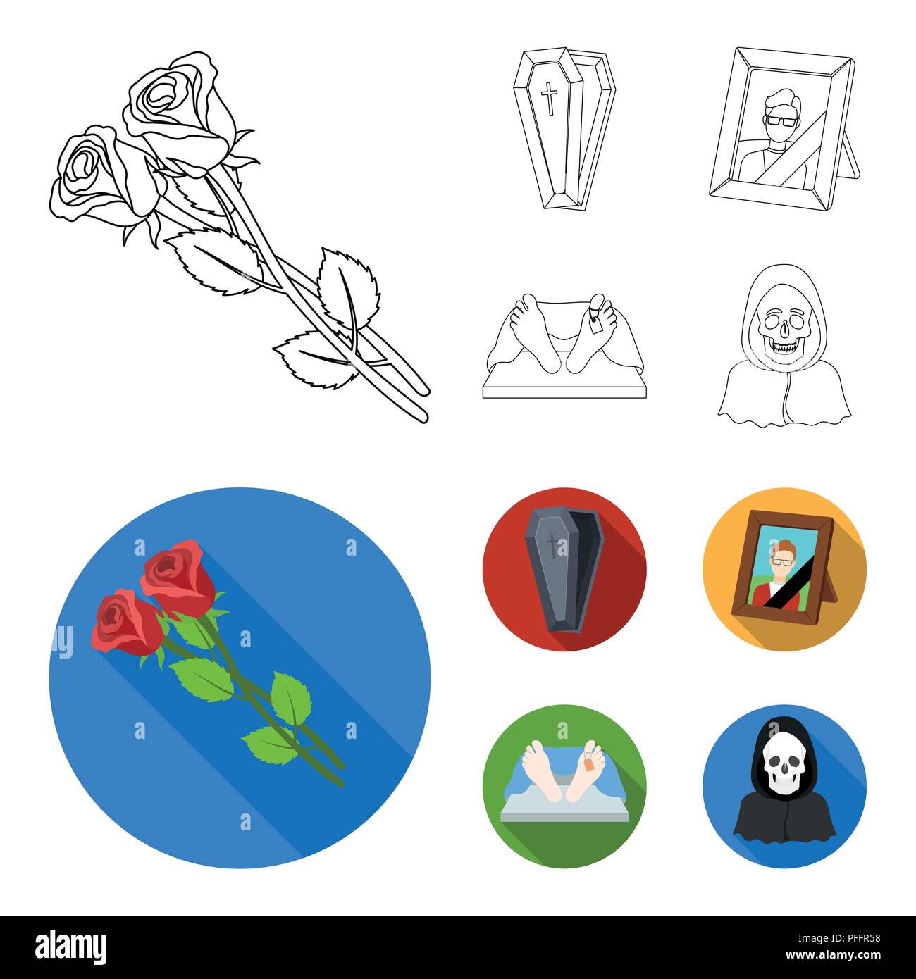 Coffin with a lid and a cross, a photograph of the deceased with a ...