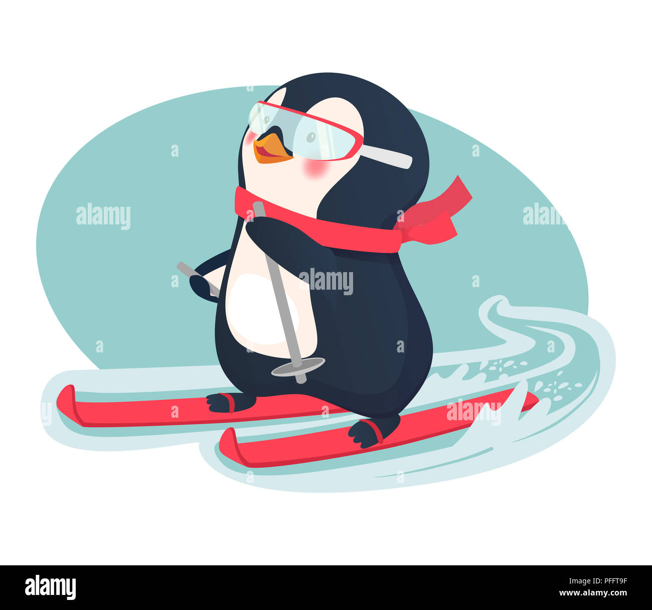 Penguin riding on skis on snow. Penguin cartoon illustration. Activity ...