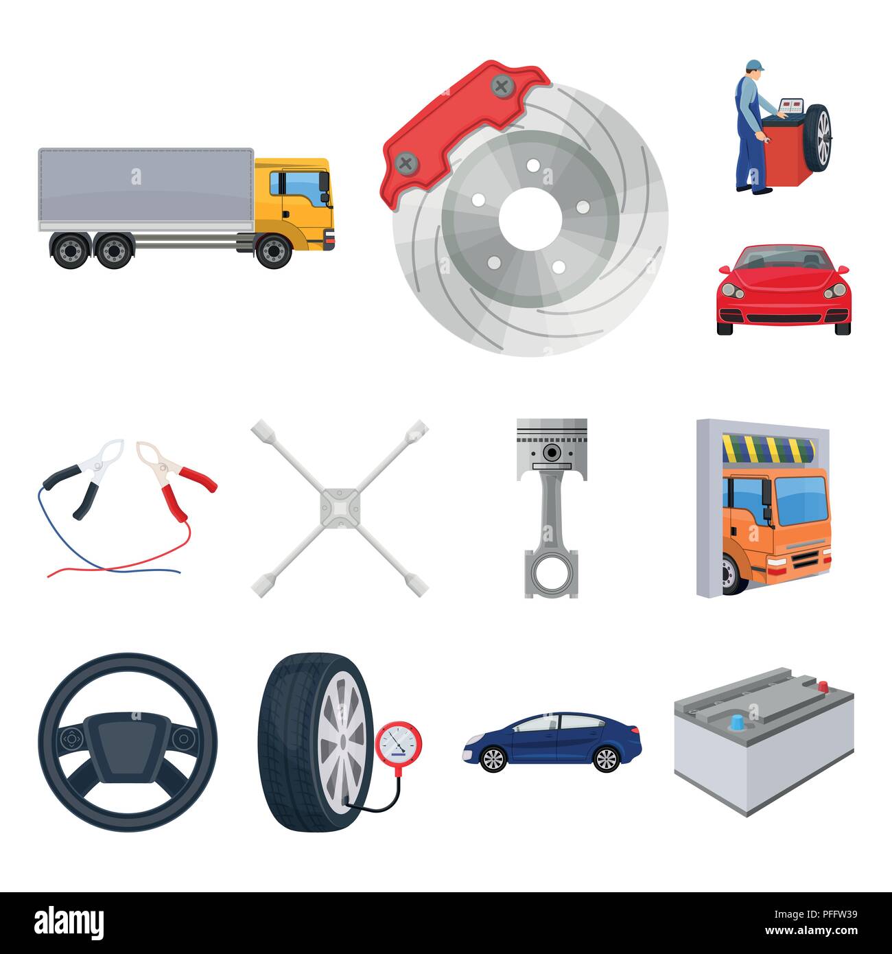 Car, lift, pump and other equipment cartoon icons in set collection for ...
