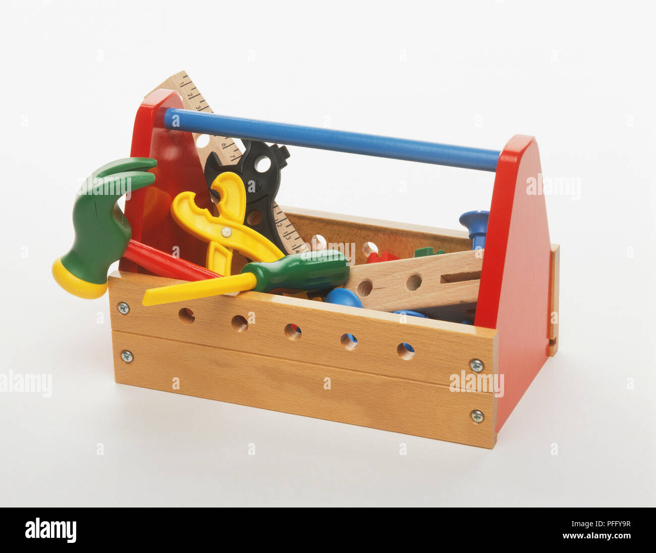 Wooden toy toolbox, side view Stock Photo - Alamy