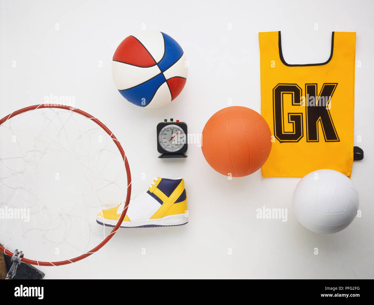 Ball sports equipment, including white volleyball, multi-coloured ...