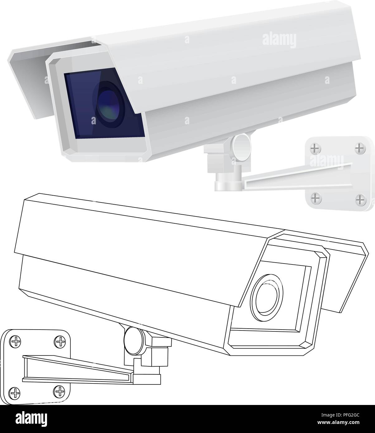 CCTV security camera. 3d model and outlinen drawing Stock Vector Image ...