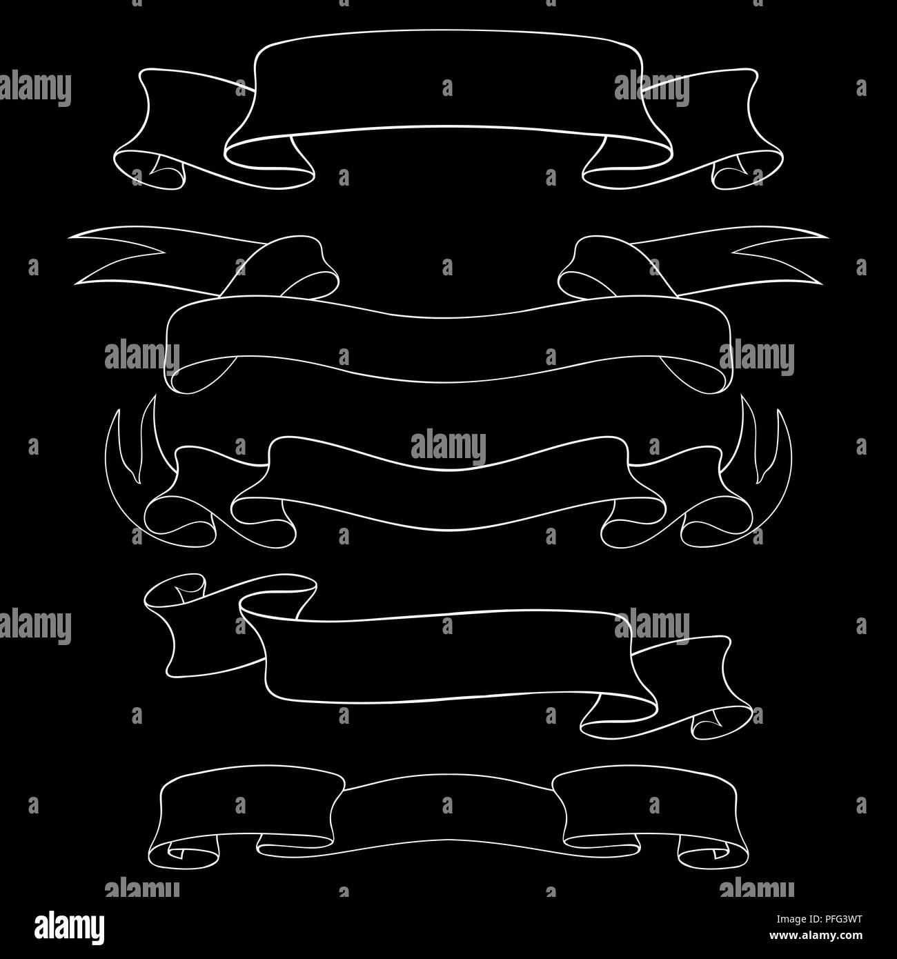 Paper or ribbon scrolls. Outline set of vector illustrations on black ...