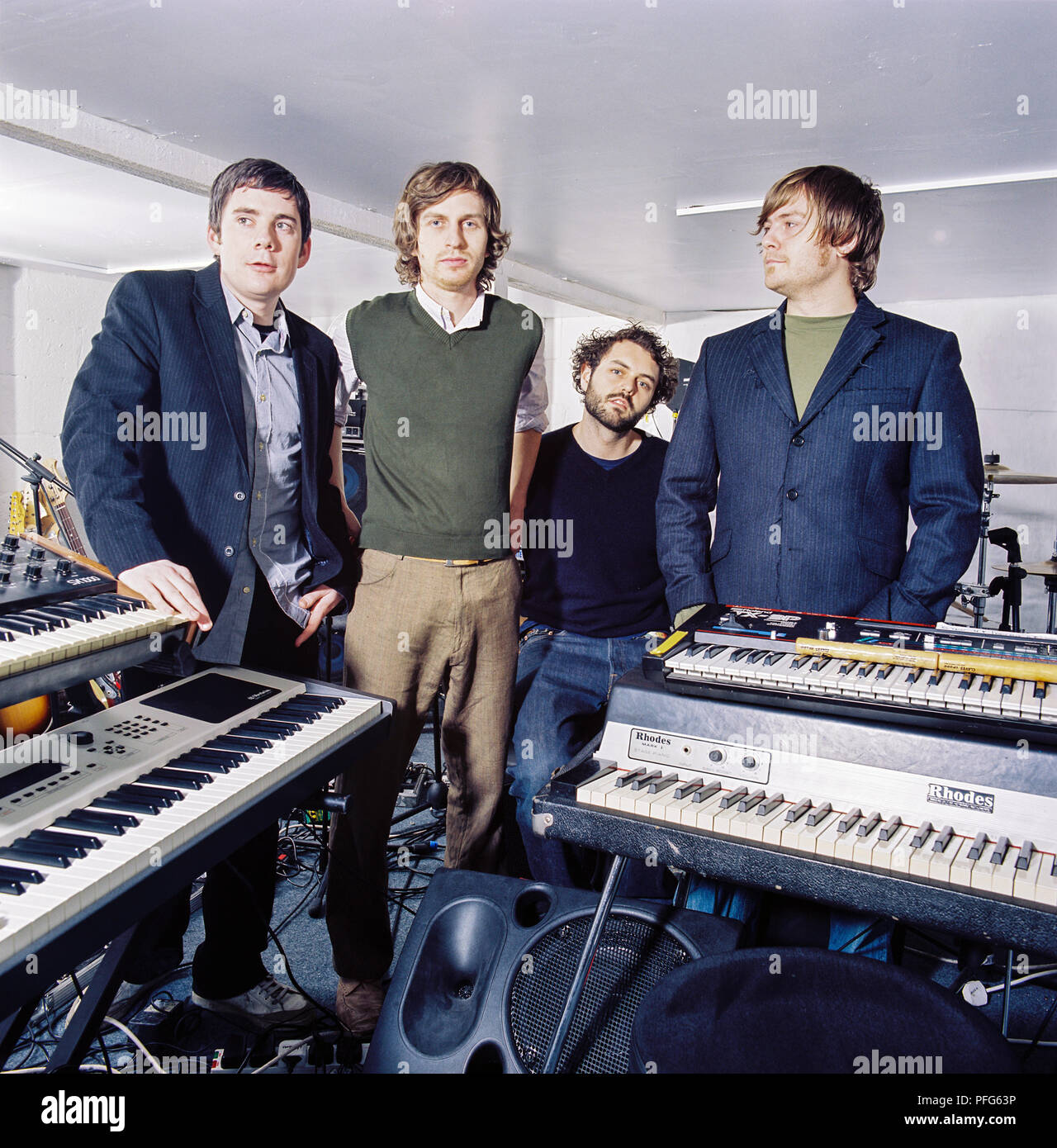 English band Athlete photographed in their studio in the basement of ...