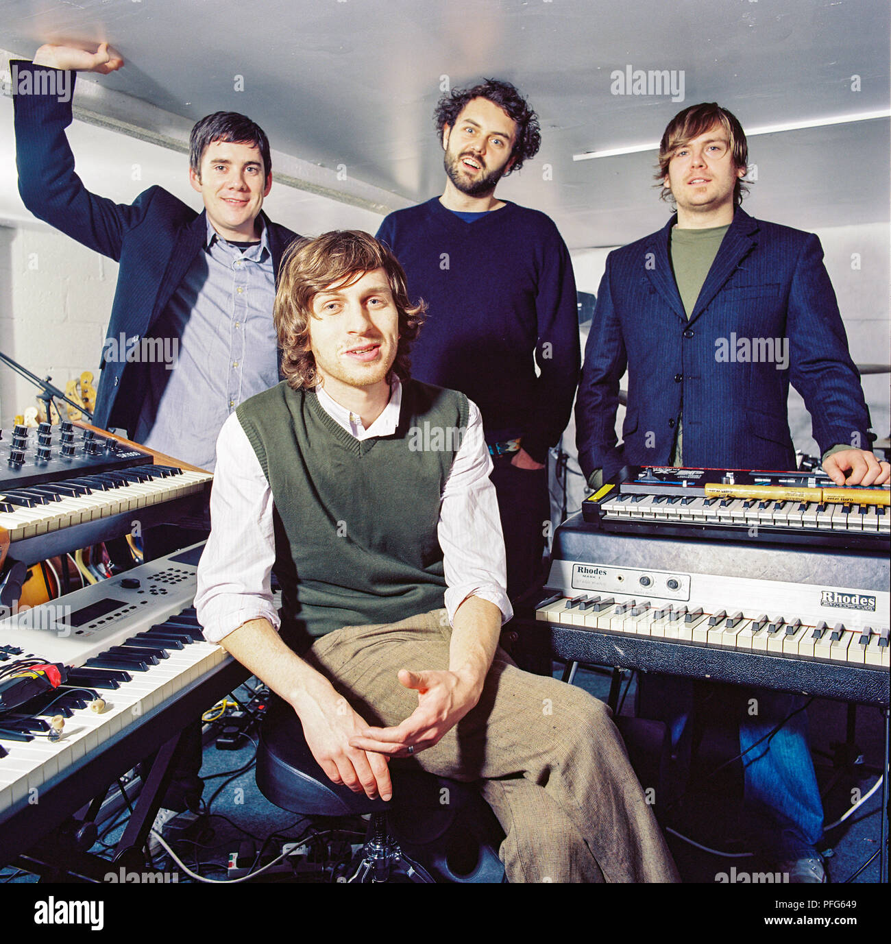 English band Athlete photographed in their studio in the basement of ...