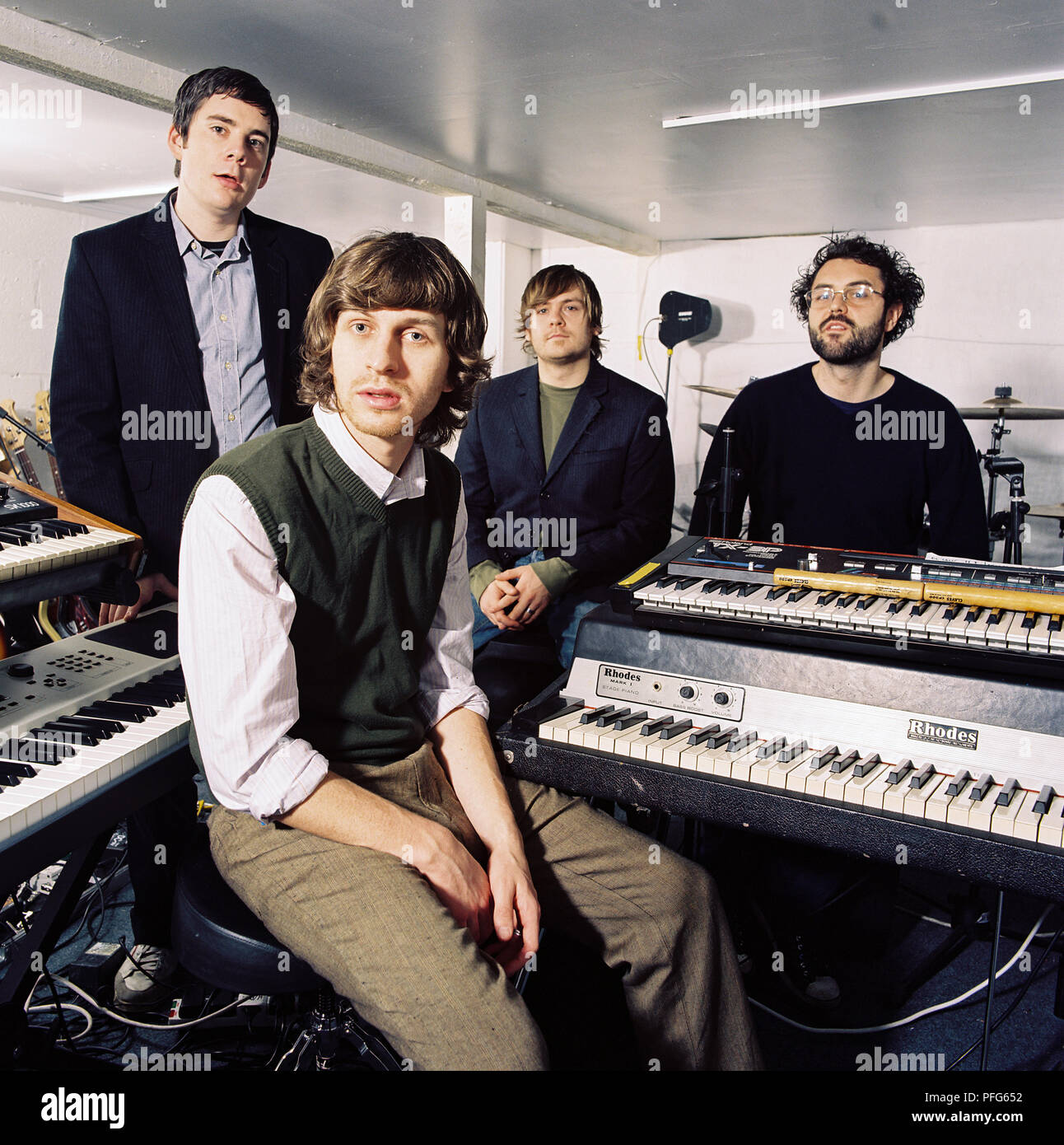 English band Athlete photographed in their studio in the basement of ...