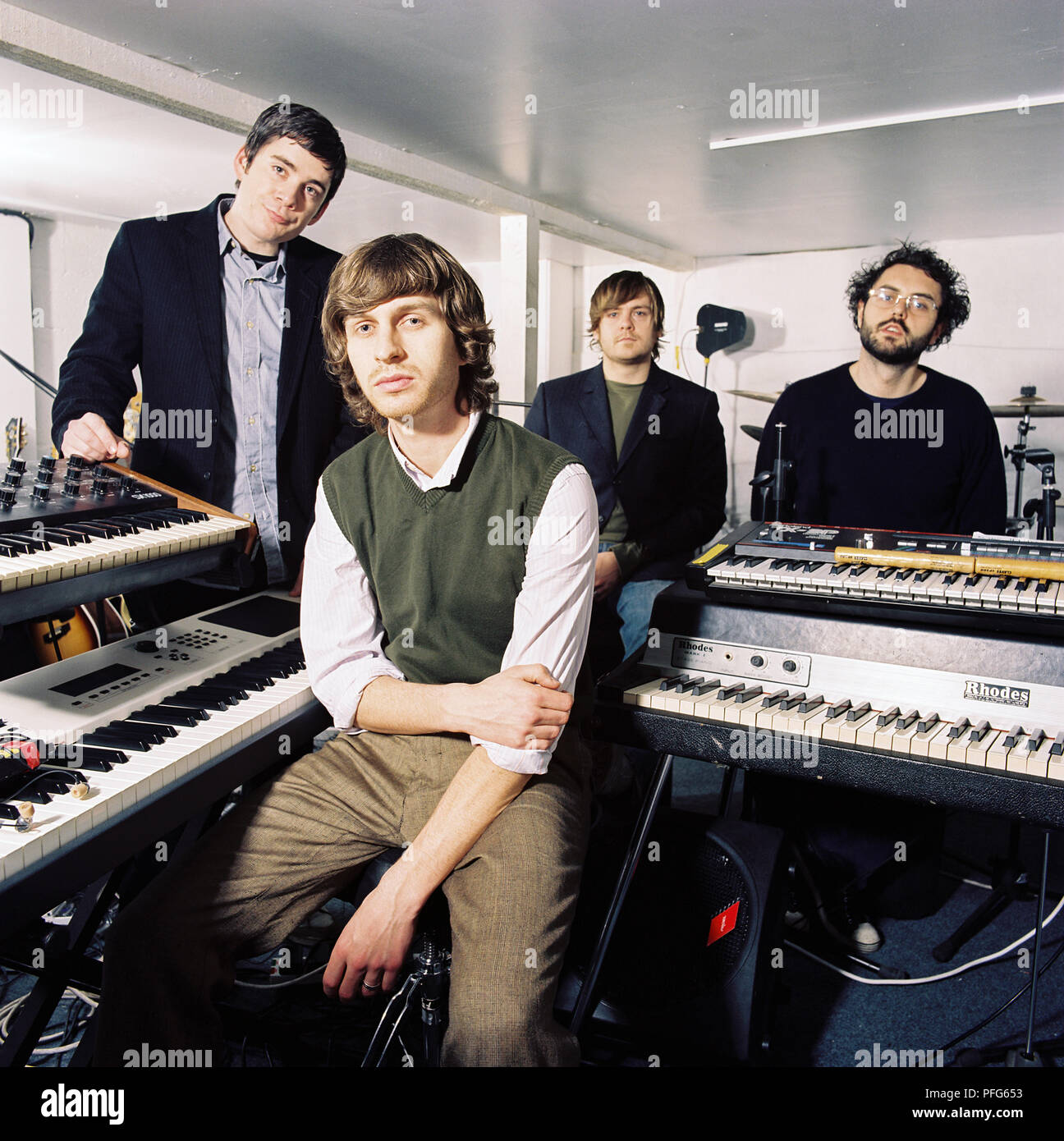 English band Athlete photographed in their studio in the basement of ...