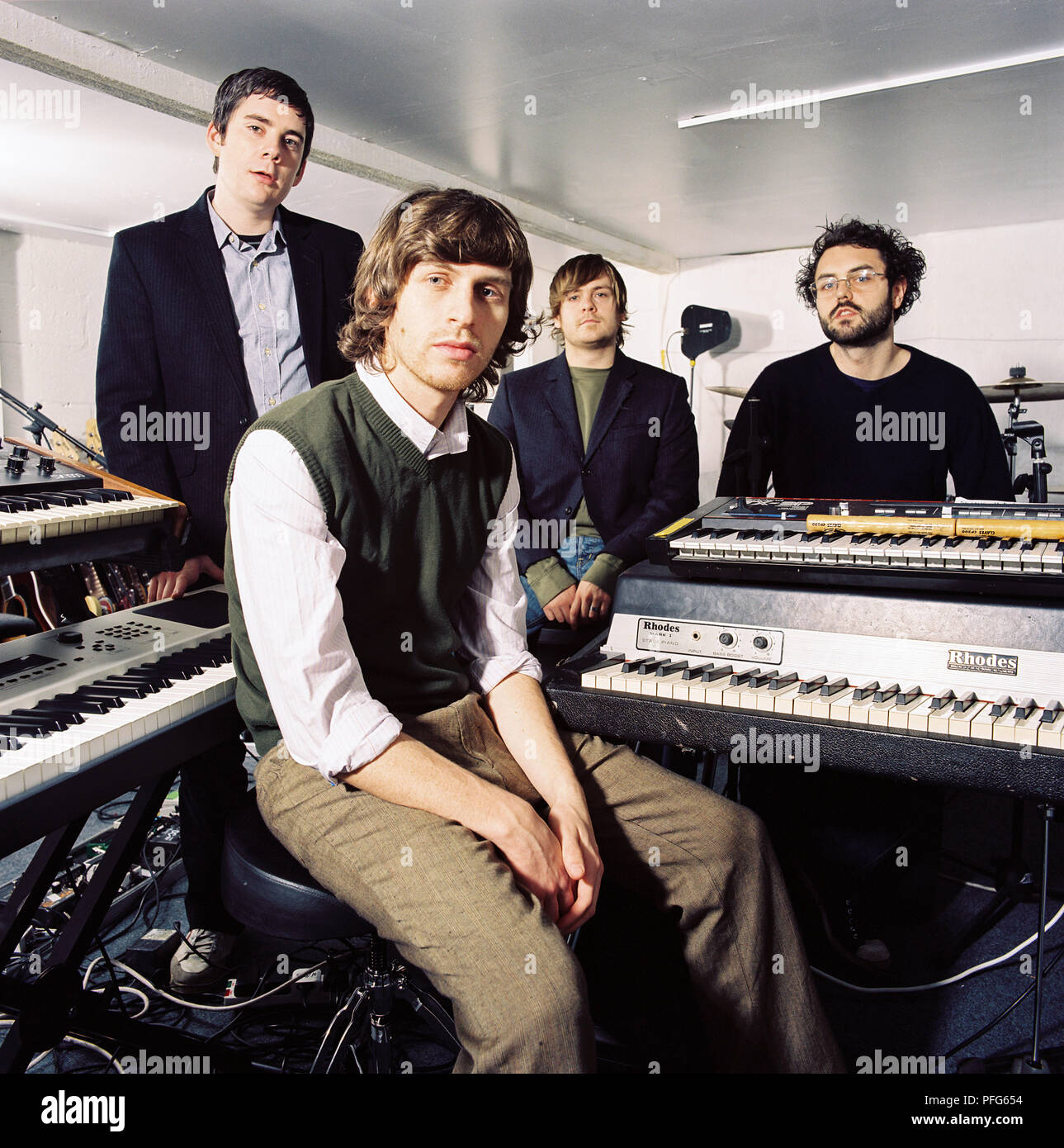 English band Athlete photographed in their studio in the basement of ...