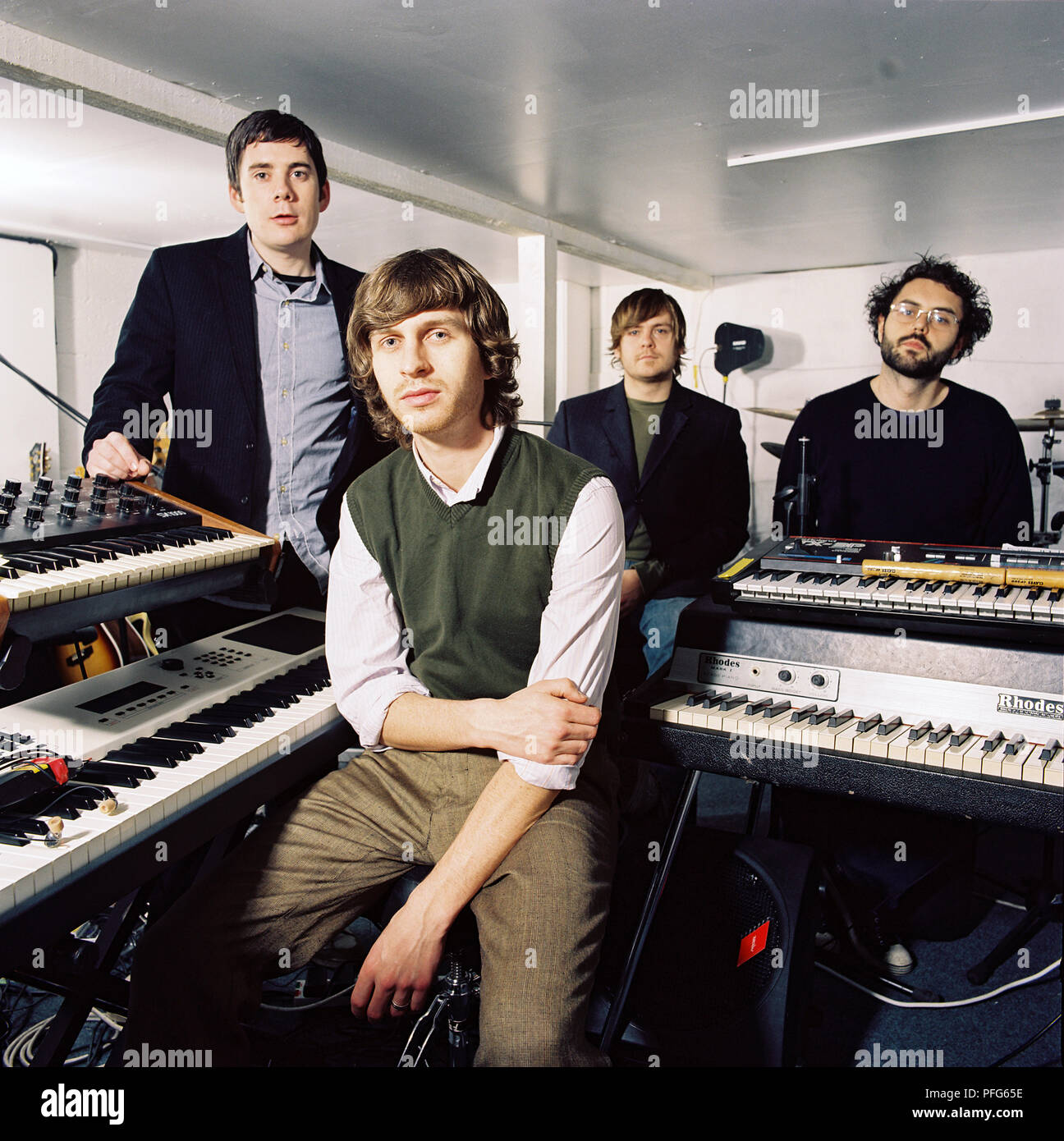 English band Athlete photographed in their studio in the basement of ...