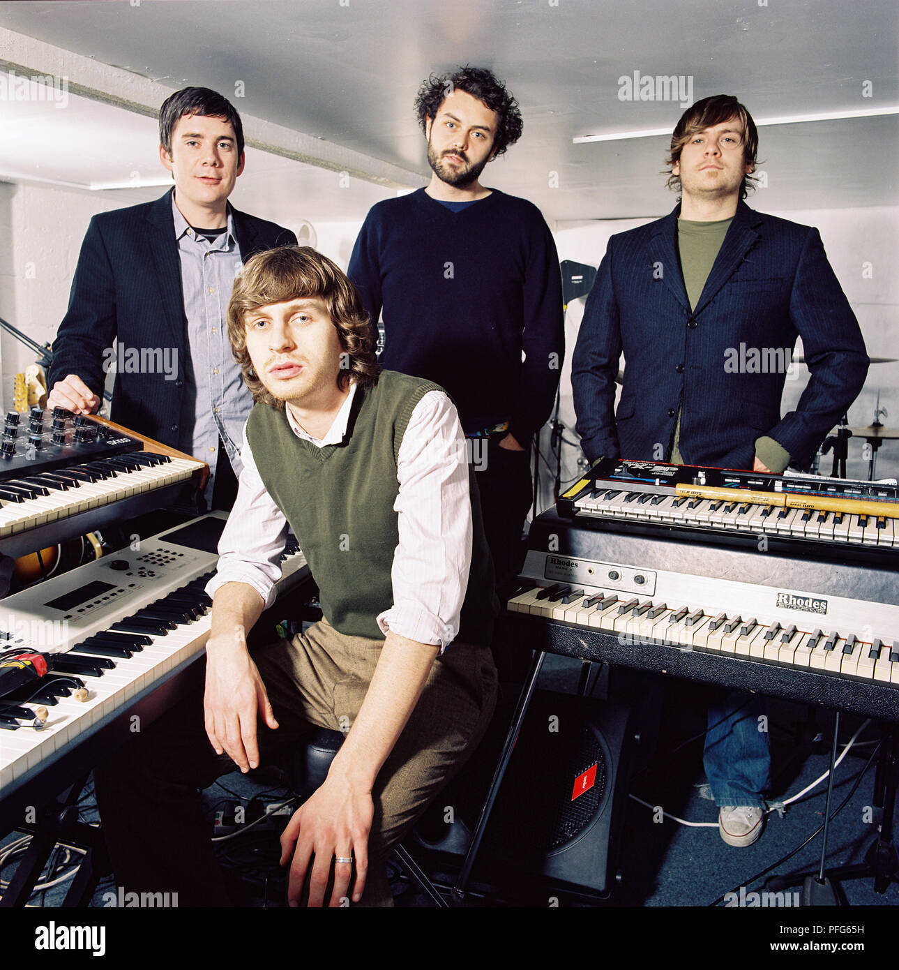English band Athlete photographed in their studio in the basement of ...