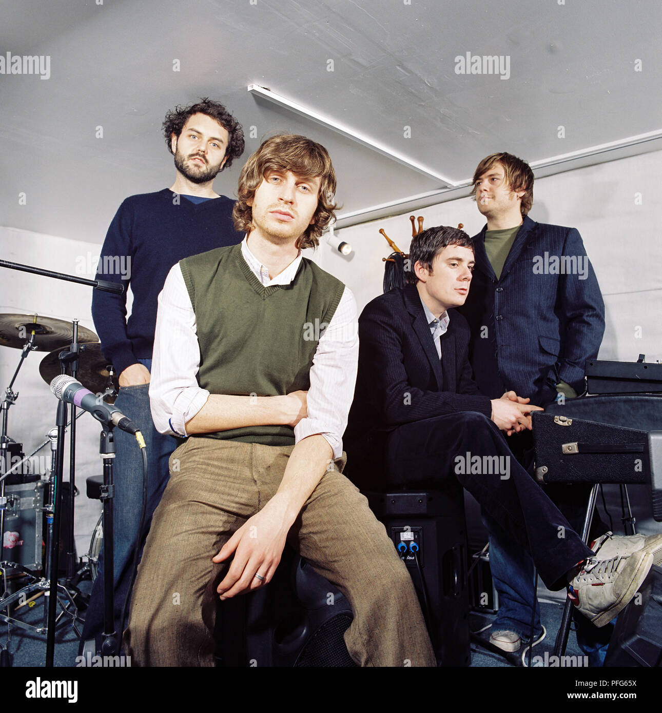 English band Athlete photographed in their studio in the basement of ...