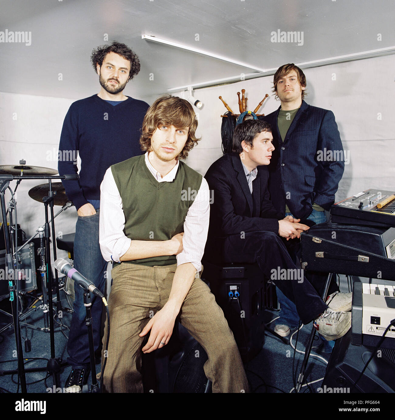 English band Athlete photographed in their studio in the basement of ...