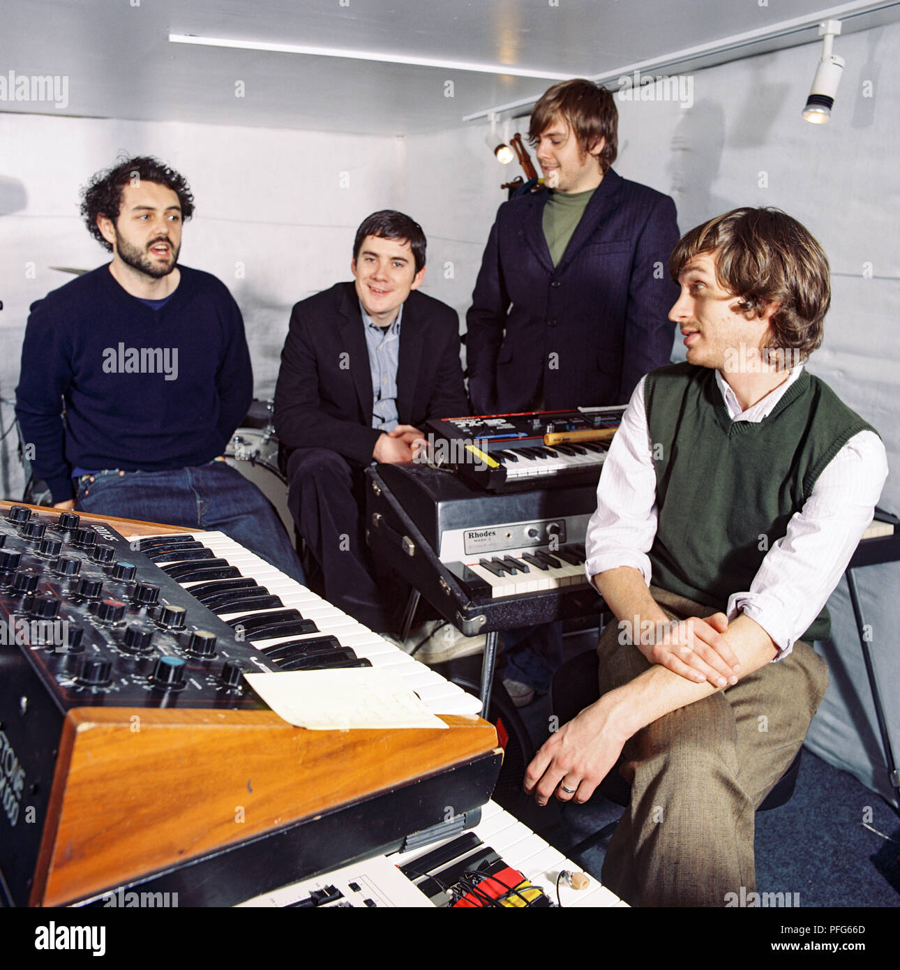 English band Athlete photographed in their studio in the basement of ...