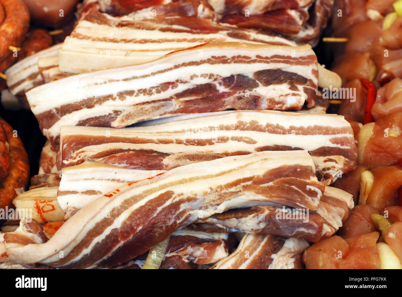 bacon slices stack at the food market Stock Photo - Alamy