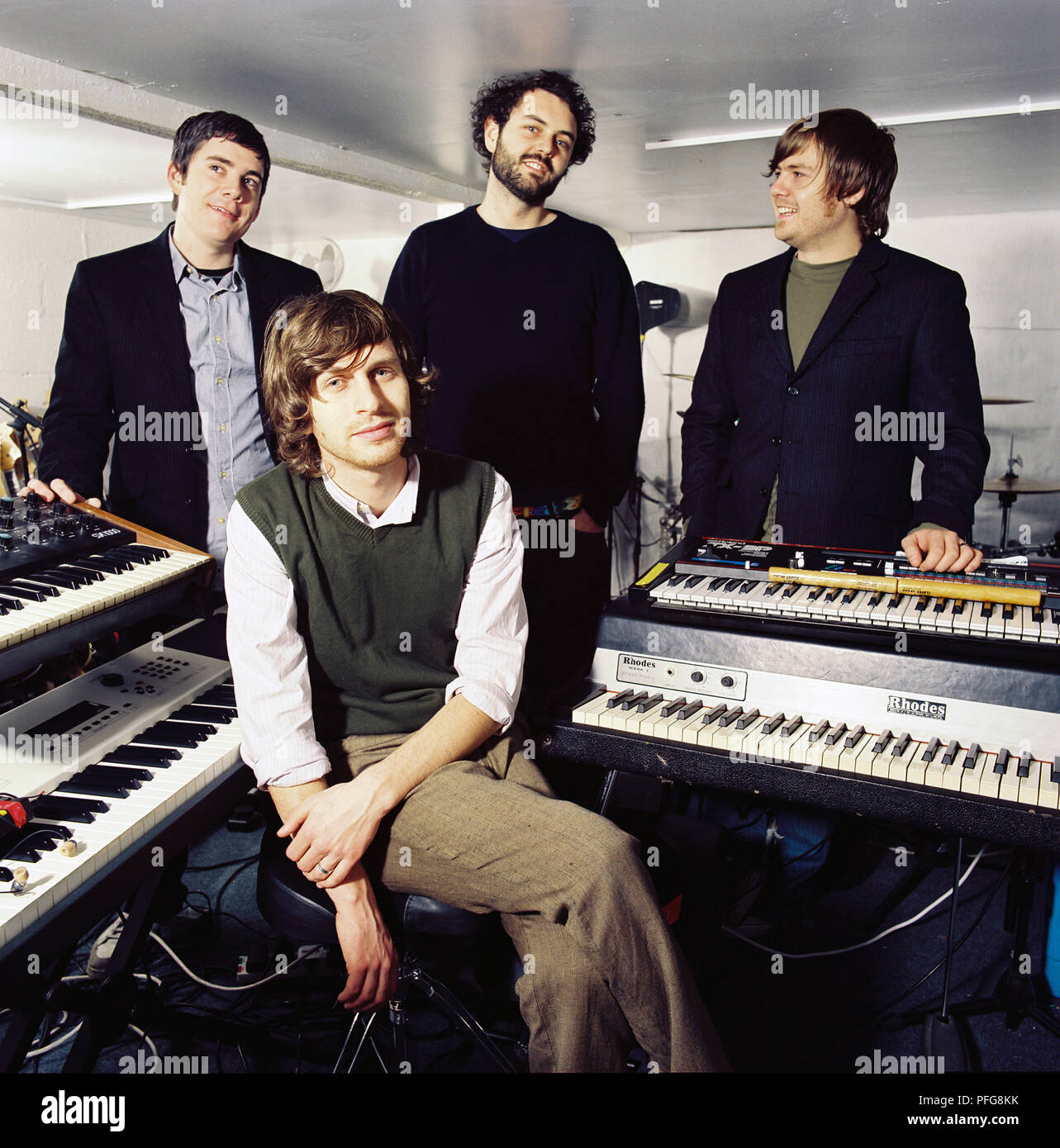 English band Athlete photographed in their studio in the basement of ...