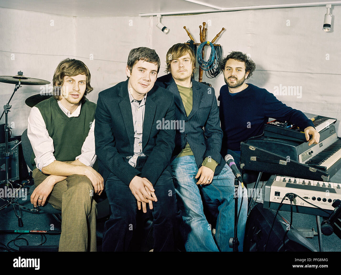 English band Athlete photographed in their studio in the basement of ...