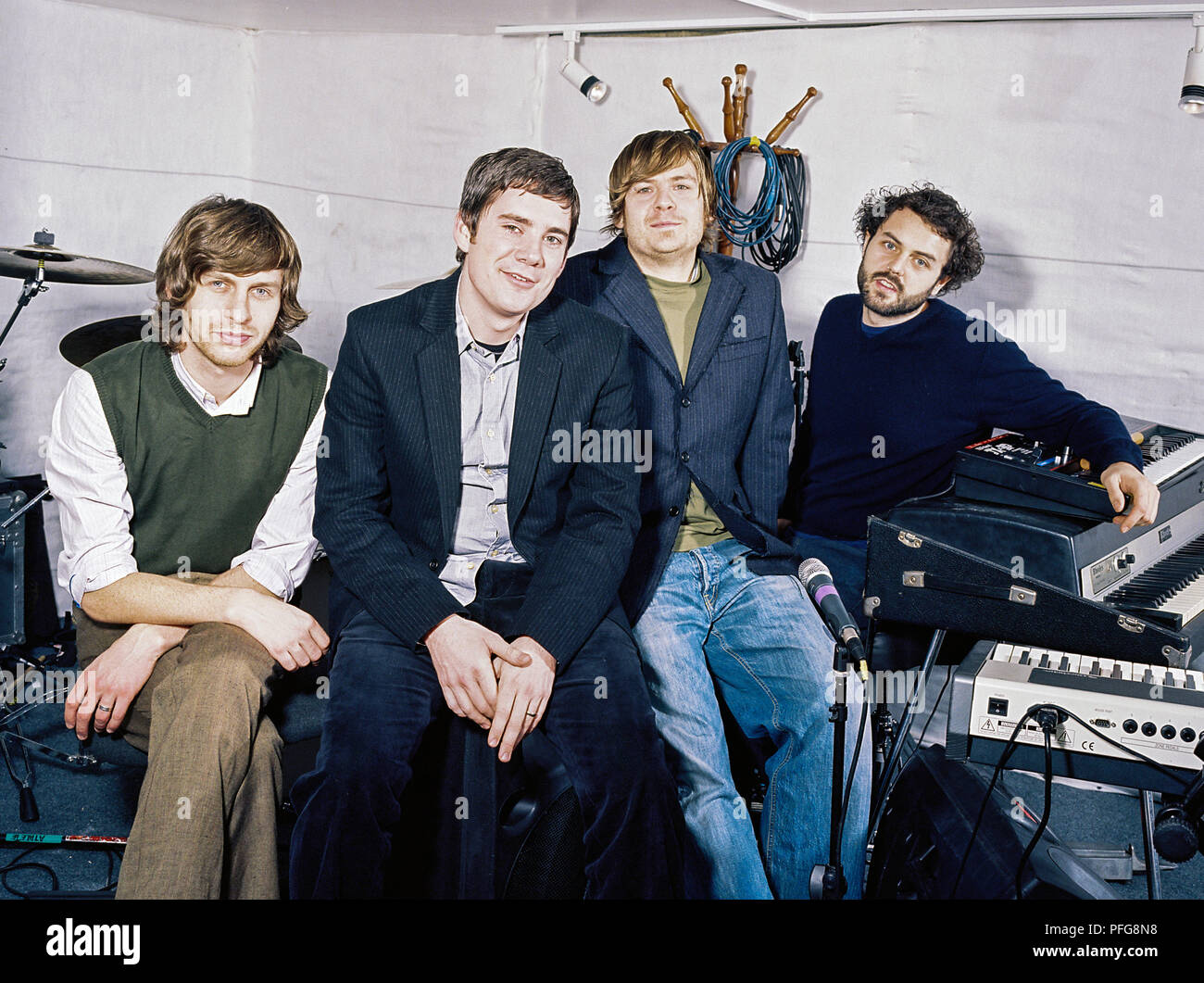 English band Athlete photographed in their studio in the basement of ...