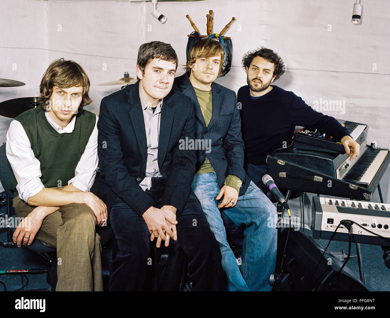 English band Athlete photographed in their studio in the basement of ...